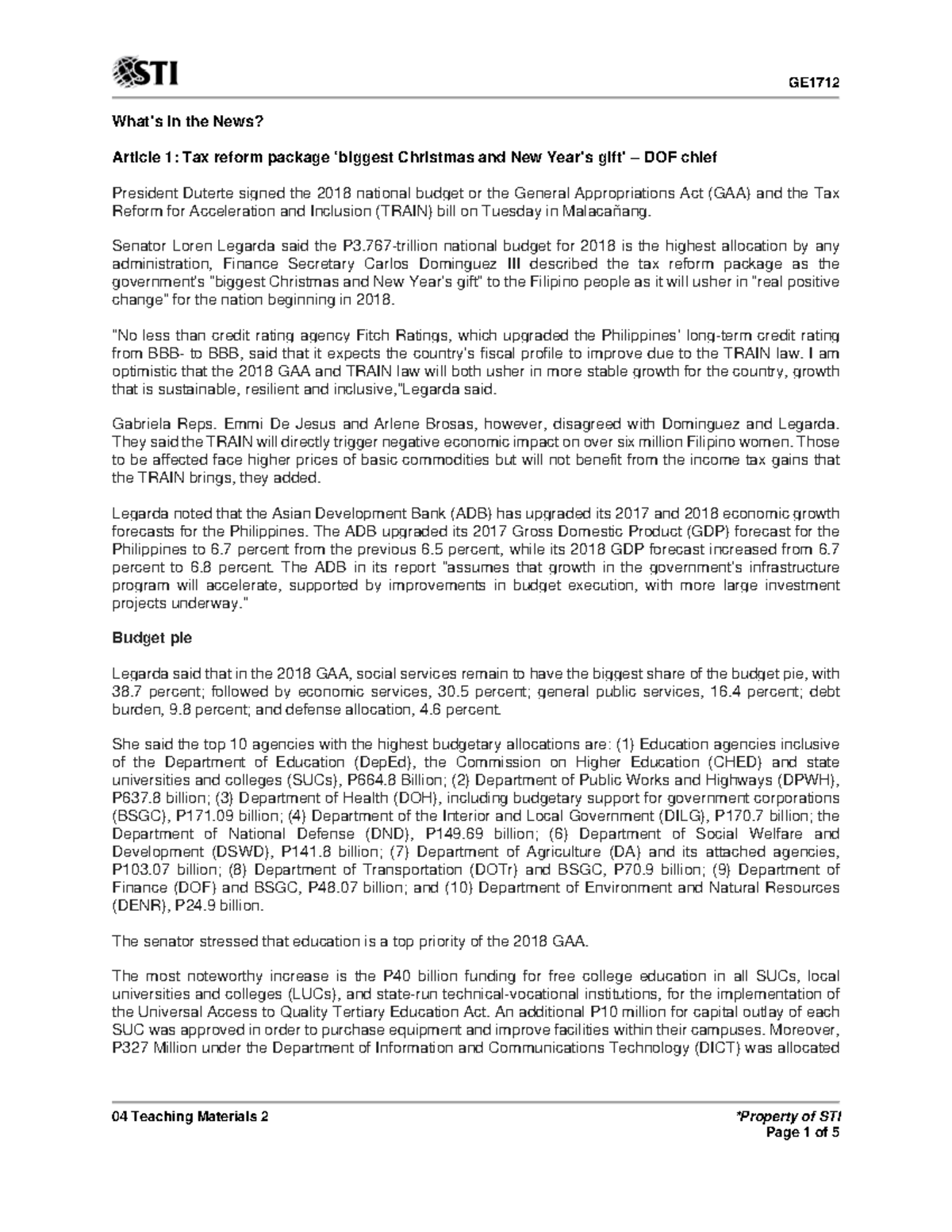 News Articles - Lesson - 04 Teaching Materials 2 *Property of STI What ...