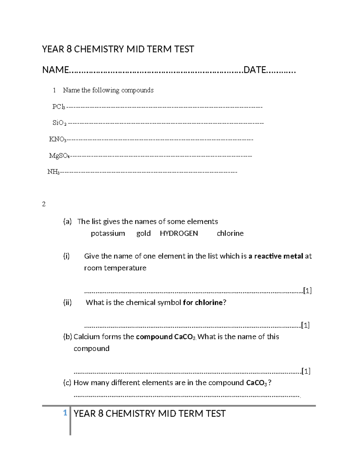 YEAR 8 CHEMISTRY MIDTERM TEST 1: COMPOUNDS & ELEMENTS - Studocu
