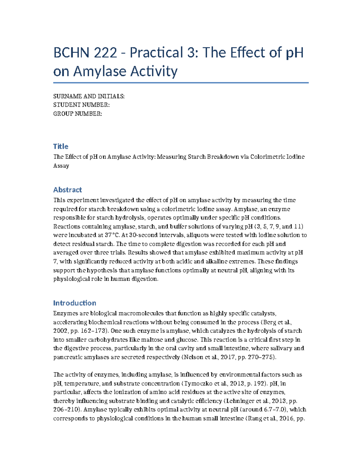 BCHN222 Practical 3: Impact of pH on Amylase Activity - Studocu