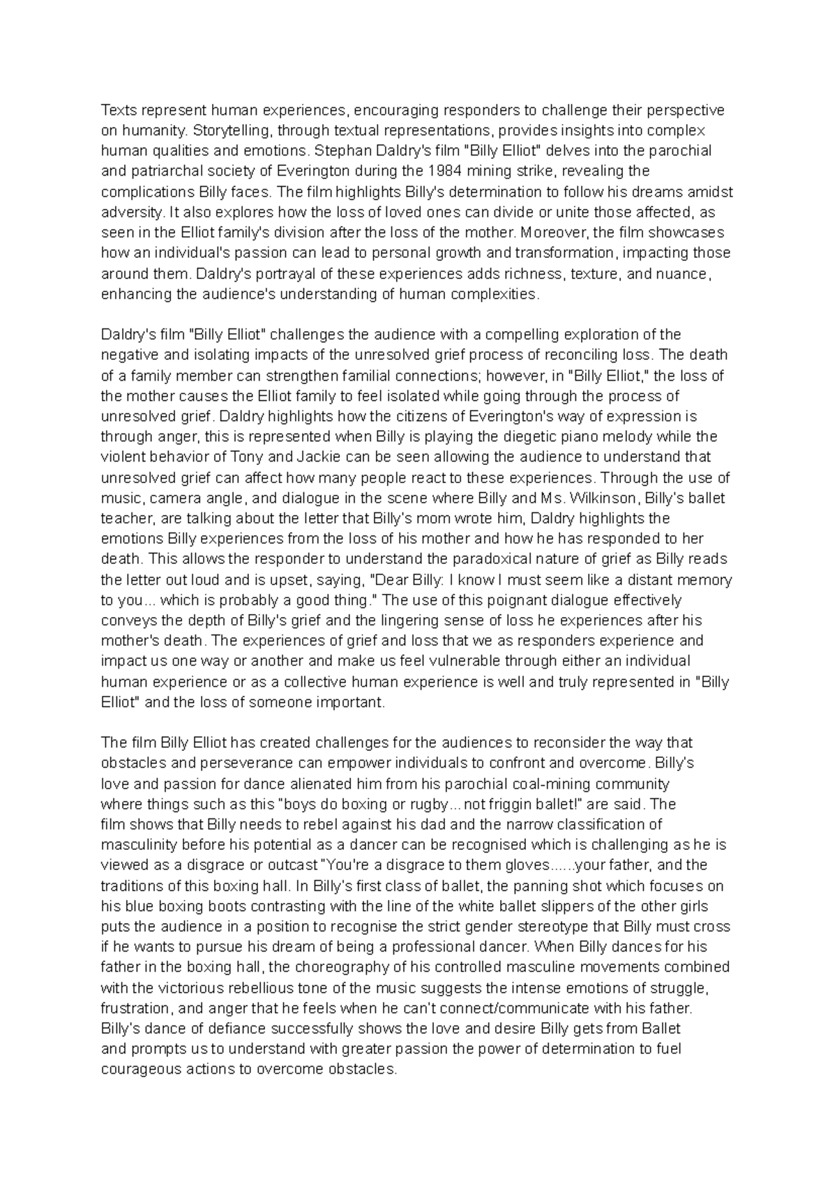 Actual Billy elliot essay - Texts represent human experiences ...