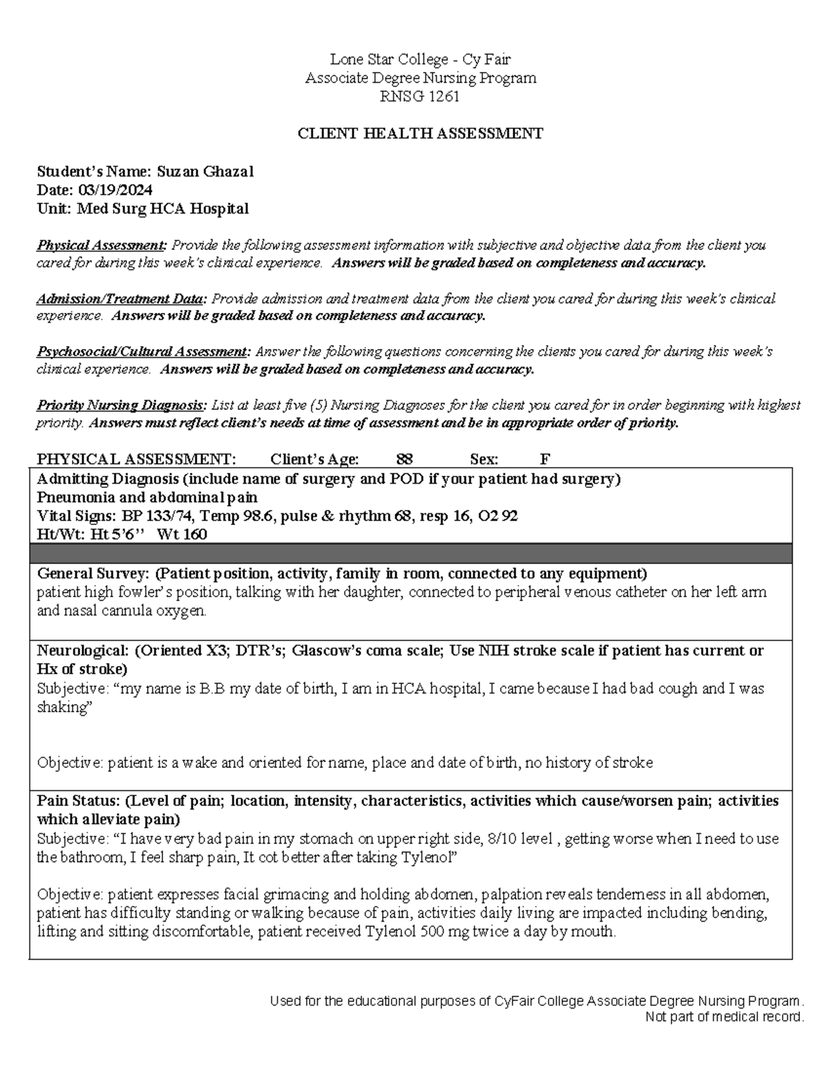 Lone Star College Cy Fair RNSG 1261 Client Health Assessment Report ...