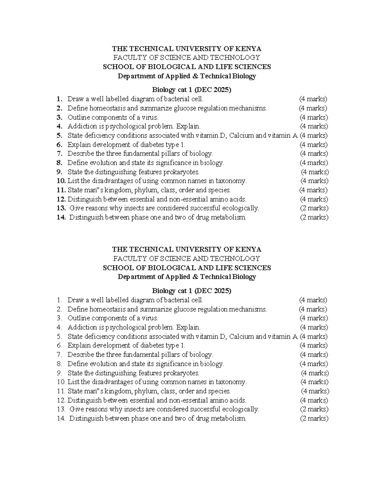 Biology CAT 1 Study Guide (DEC 2025) - Key Concepts & Questions - Studocu