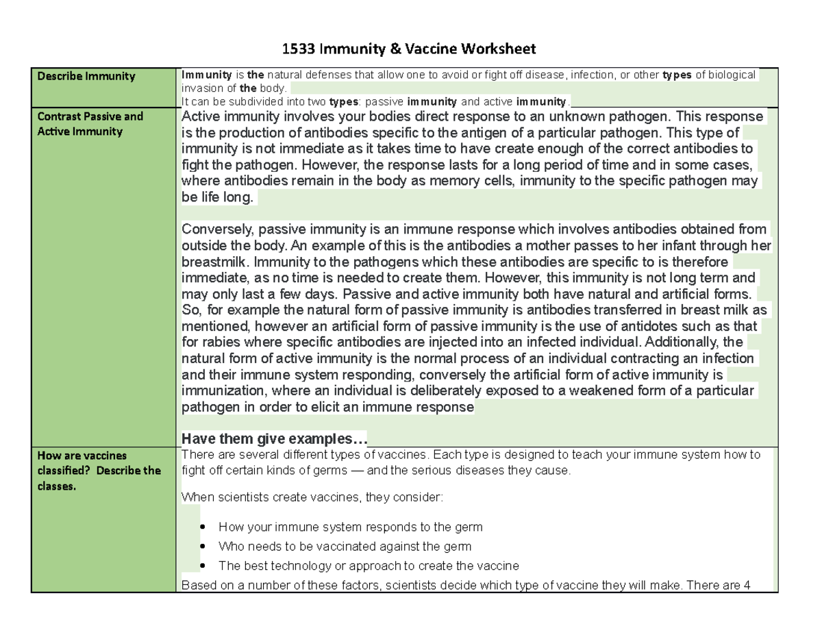 Module 9 - Immunity & Vaccines Worksheet Answers - 1533 Immunity ...