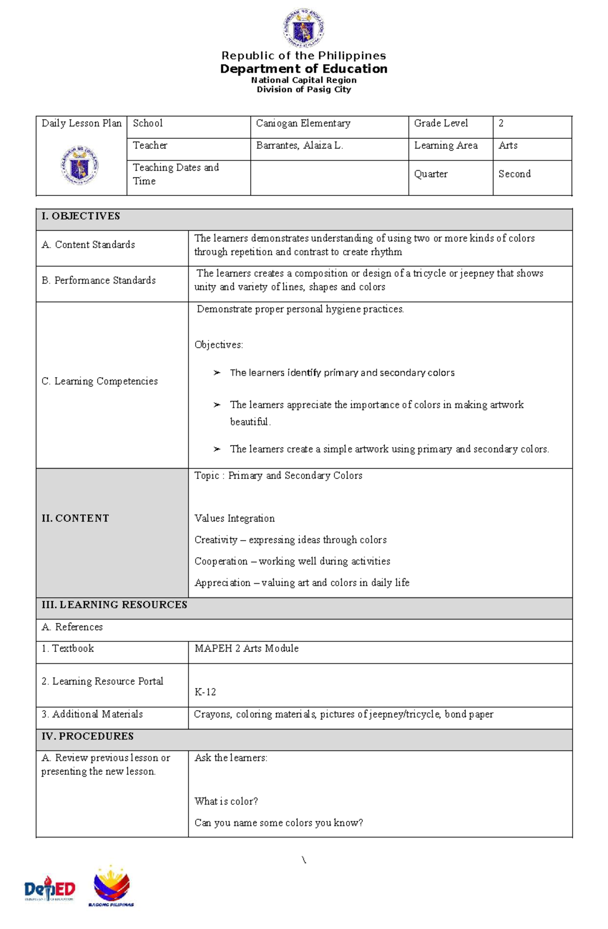 DLP: Grade 2 Arts Lesson Plan on Primary & Secondary Colors - Studocu