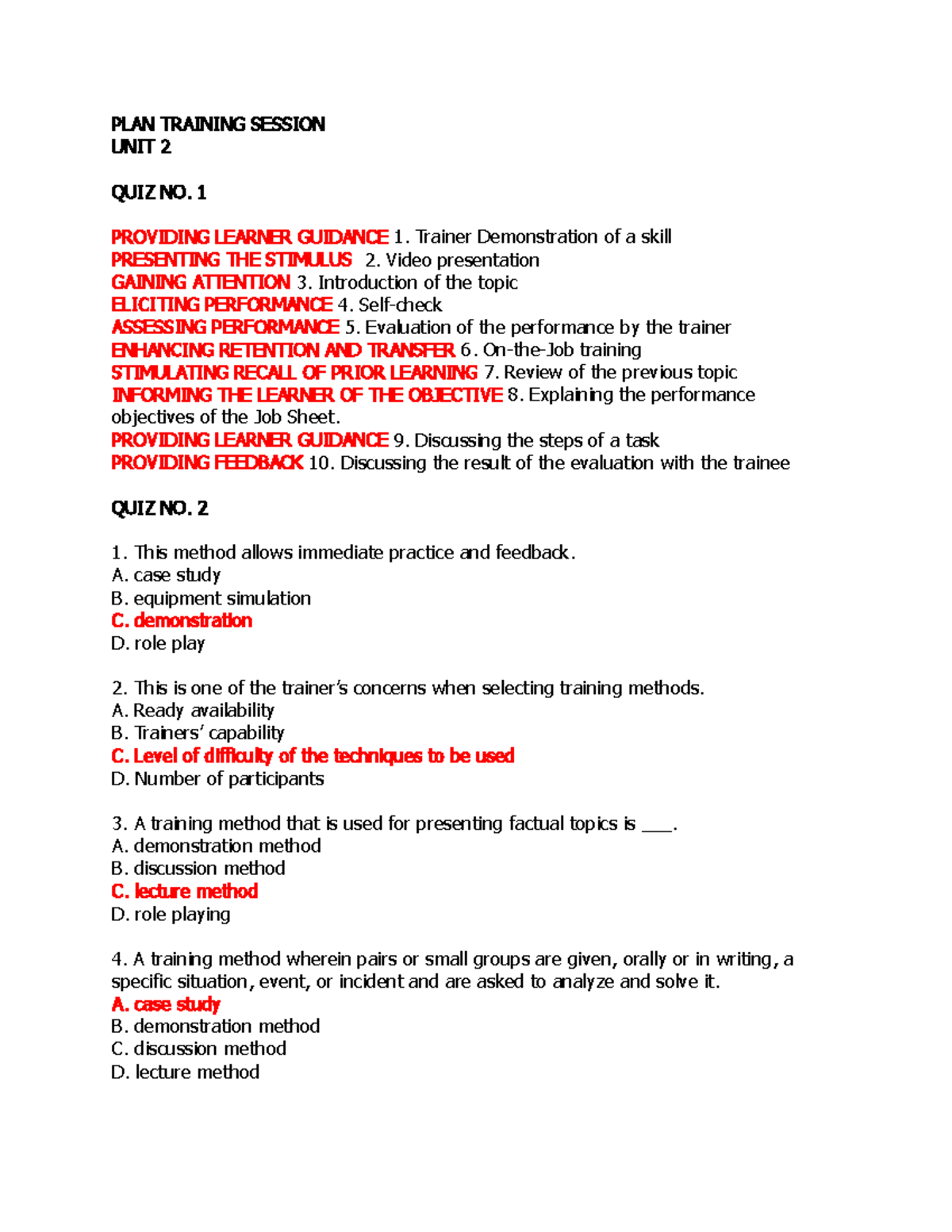 Written TEST Answer KEY in Trainer's Methodology - PLAN TRAINING ...