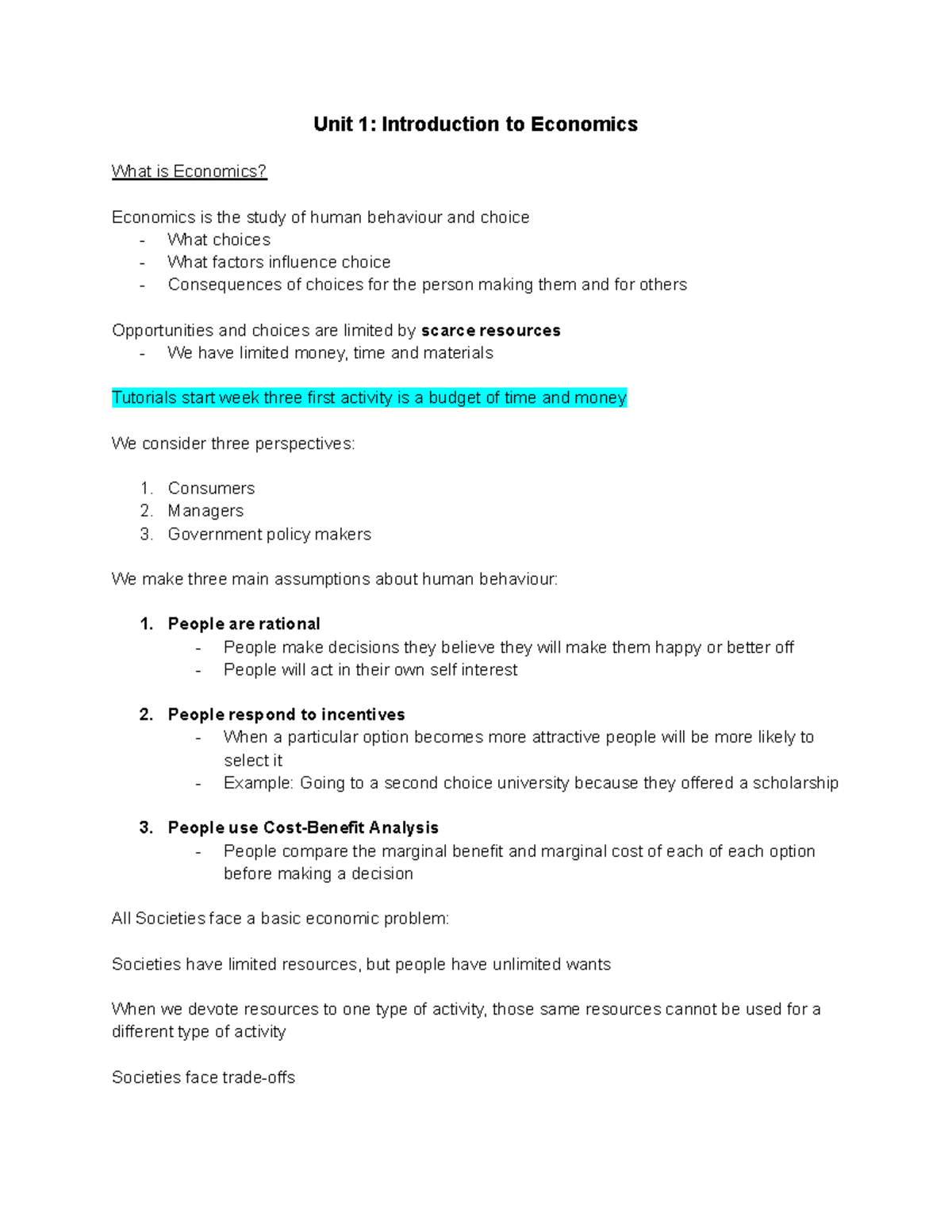 Unit 1: Intro to Economics - Key Concepts & Models - Studocu