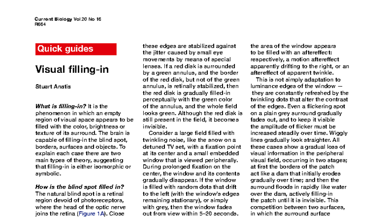 Current Biology Vol 20 No 16: Anstis on Visual Filling In (2010) - Studocu