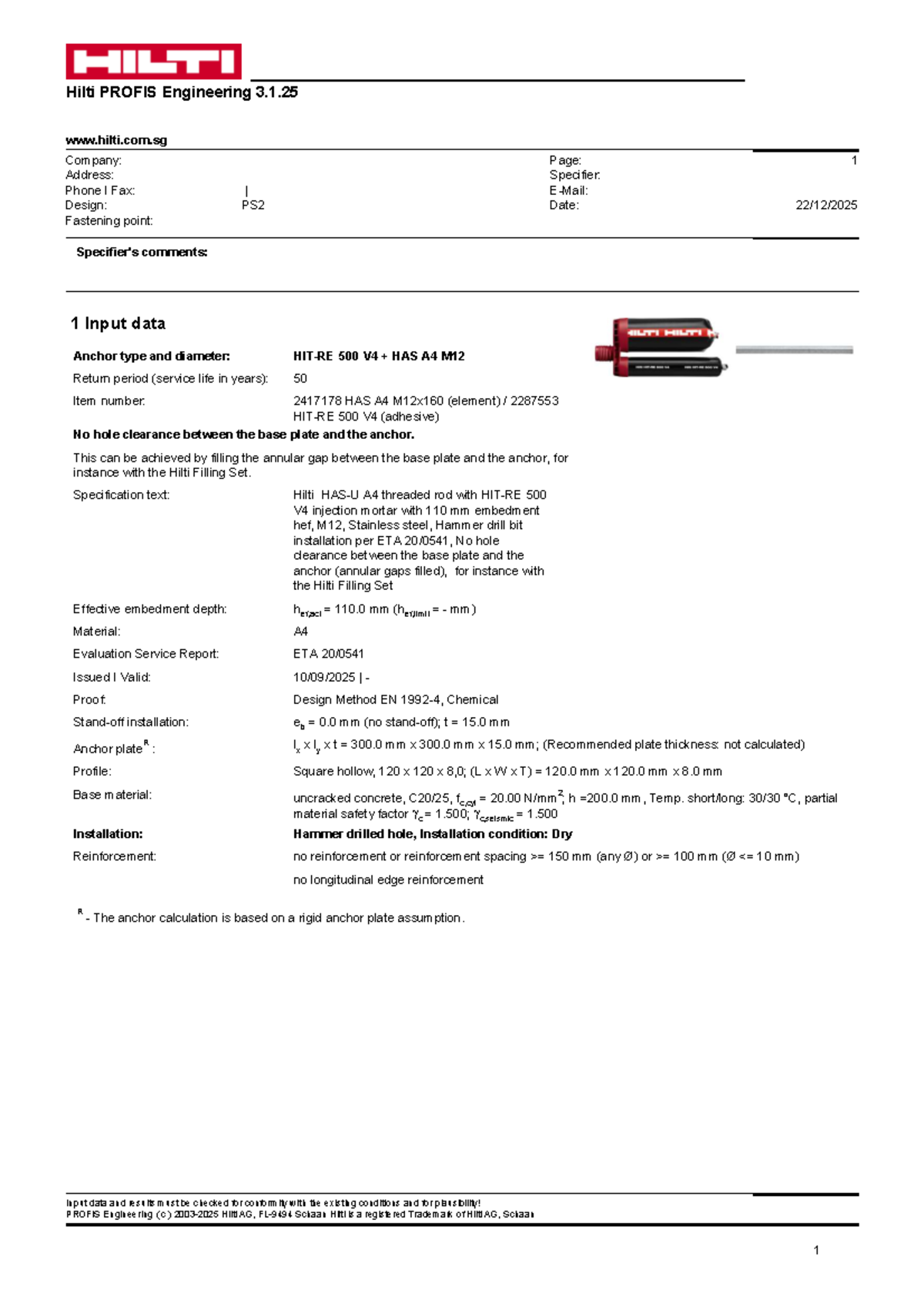 Hilti PROFIS Engineering 3.1.25 - Anchor Design Specifications PS2 ...