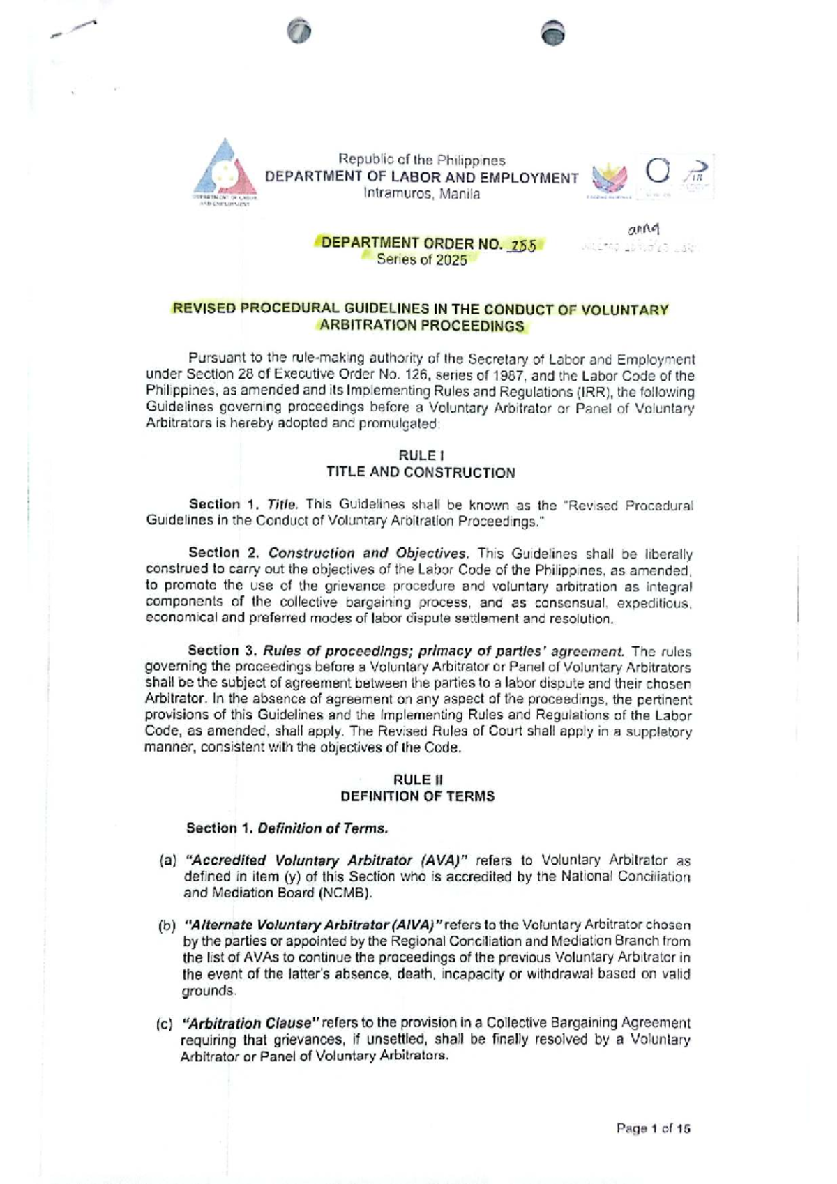 DOLE - DO 255 s. 2025: Revised Guidelines for Voluntary Arbitration ...
