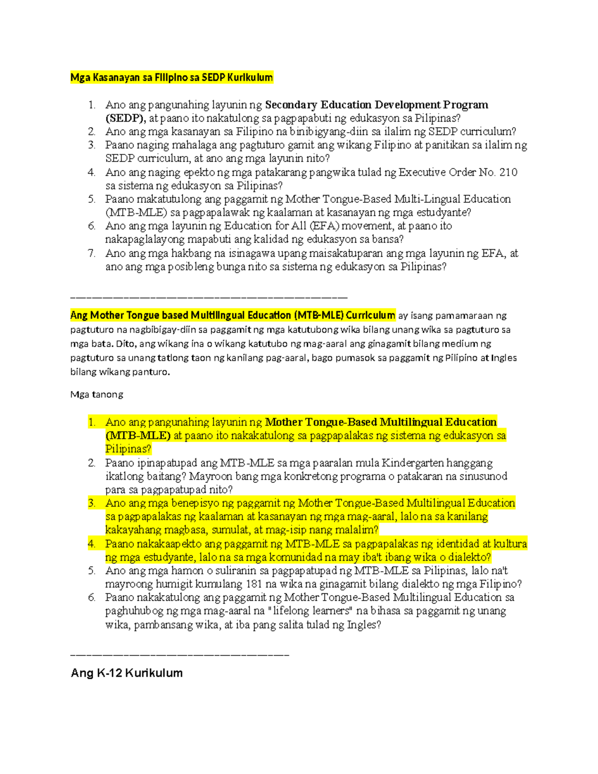Mga Kasanayan sa Filipino sa SEDP Kurikulum: Pagsusuri at Mga Tanong ...