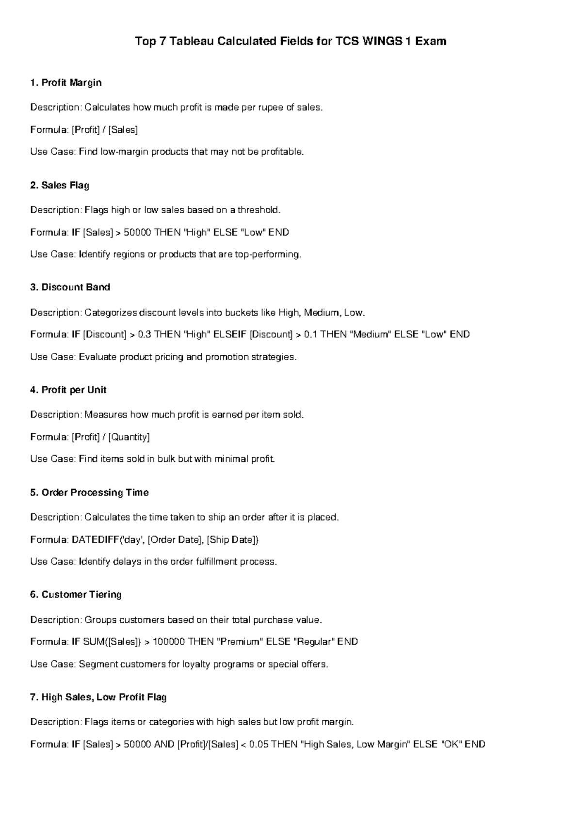 Final 20 Tableau Calculated Fields for TCS WINGS 1 Exam - Studocu