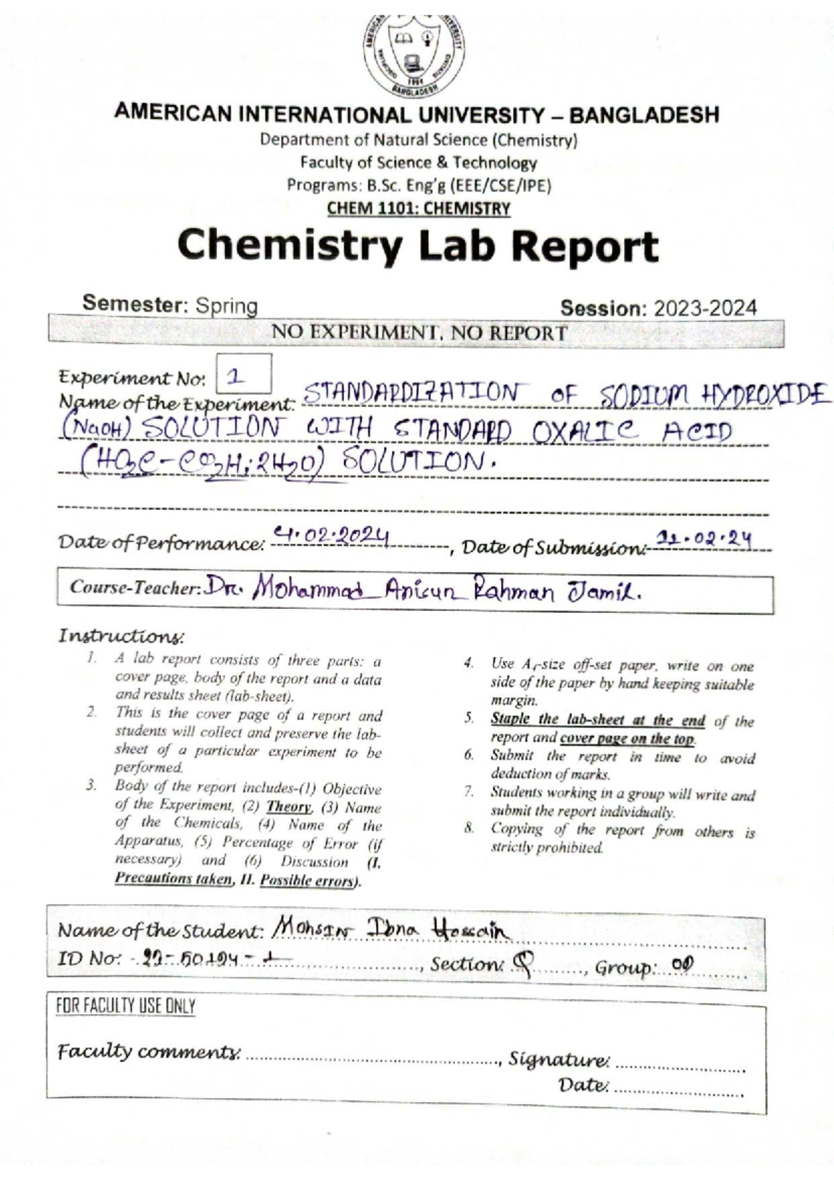Chemistry Lab Report 1: Standardization of NaOH Solution (CHEM 1101 ...