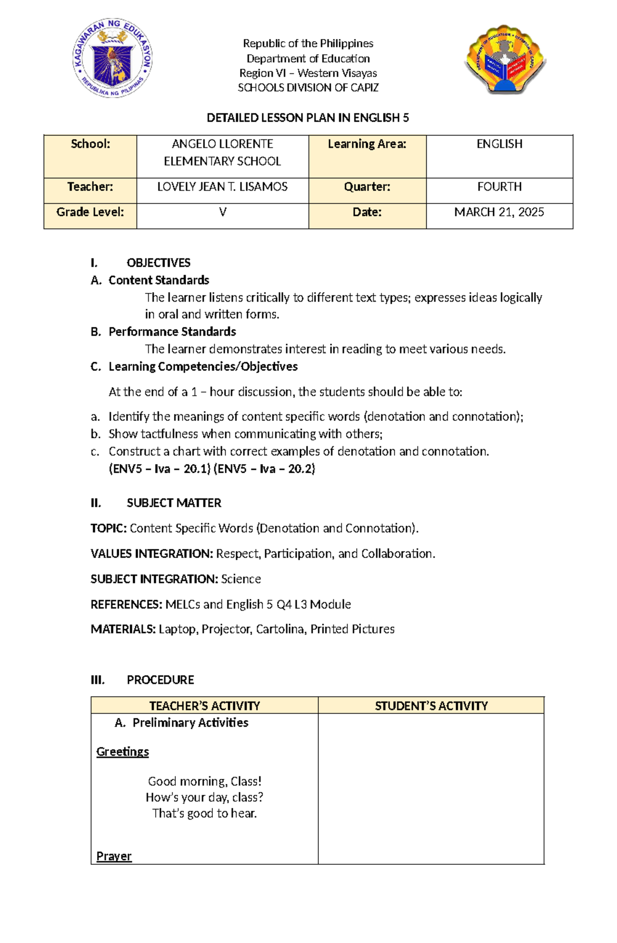 Detailed Lesson Plan in English 5: Denotation and Connotation (Q4 2025 ...
