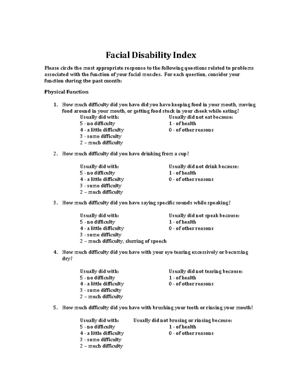 Facial disability index - Facial Disability Index Please circle the ...
