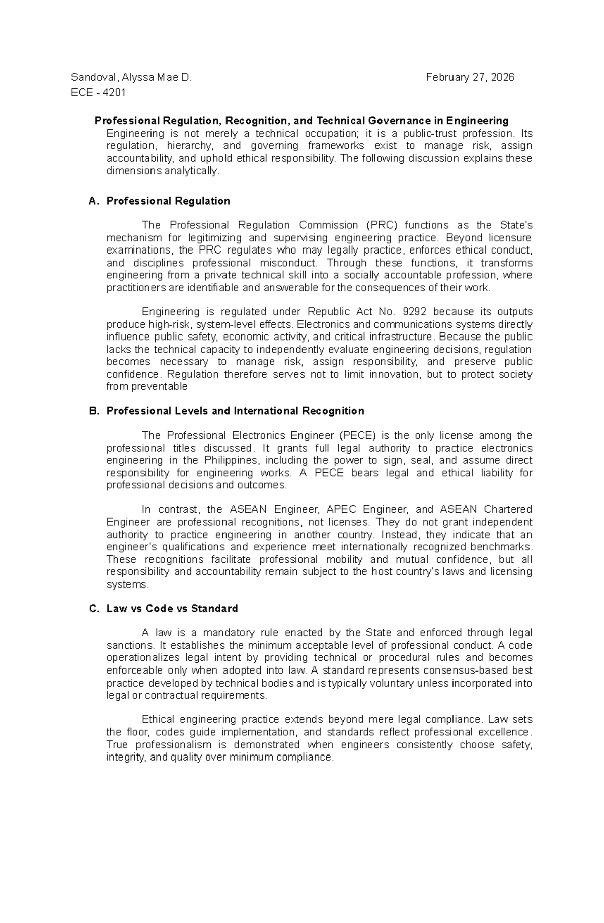 Professional Regulation and Governance in Engineering ECE 4201 - Studocu