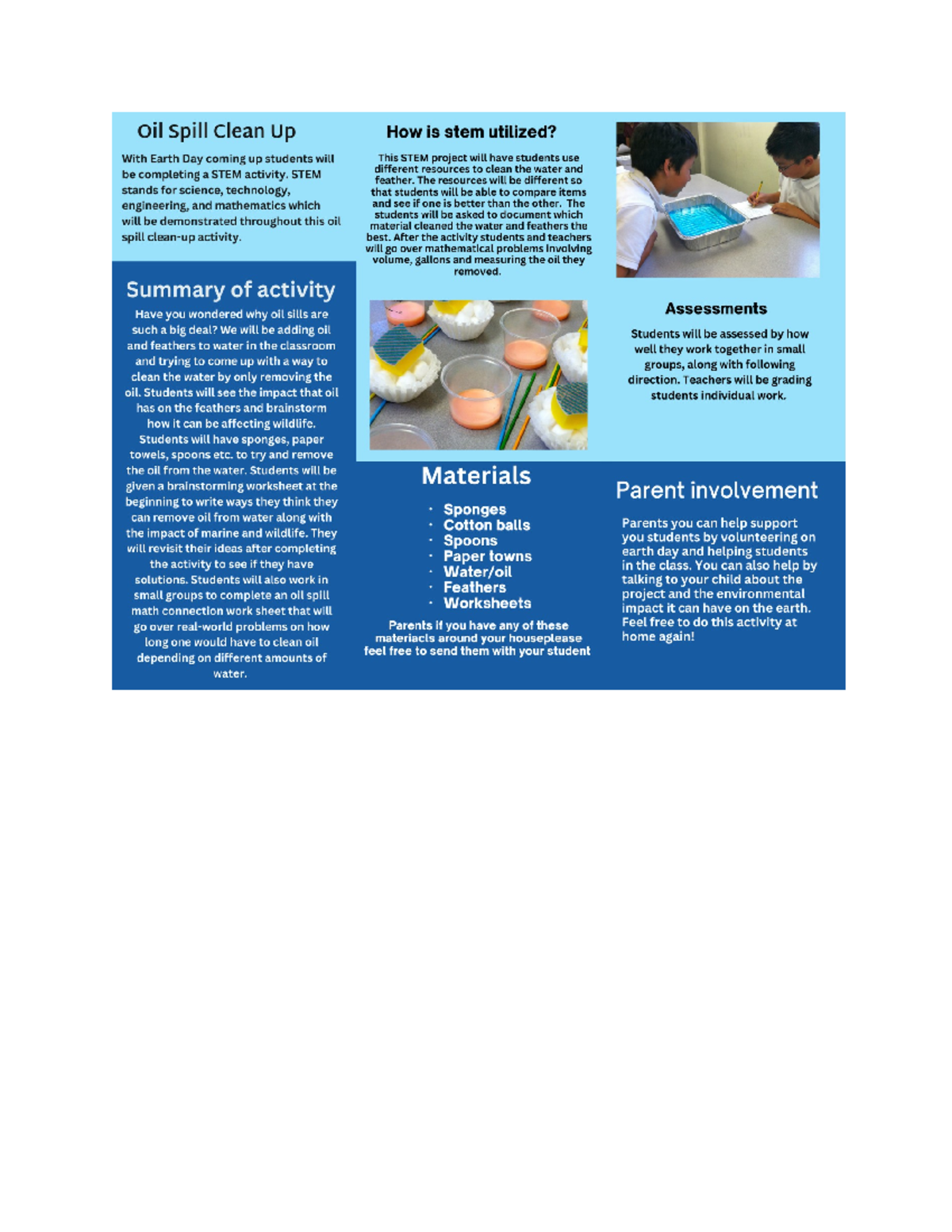 Week 8 assignment - Classroom flyer - Oil Spill Clean Up How is stem ...