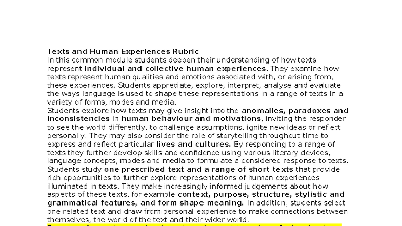 Year 12 Advanced English: Texts & Human Experiences Rubric - Studocu