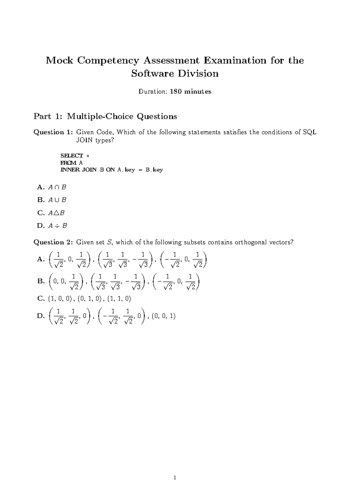Mock Competency Assessment Exam for Software Division (180 min) - Studocu