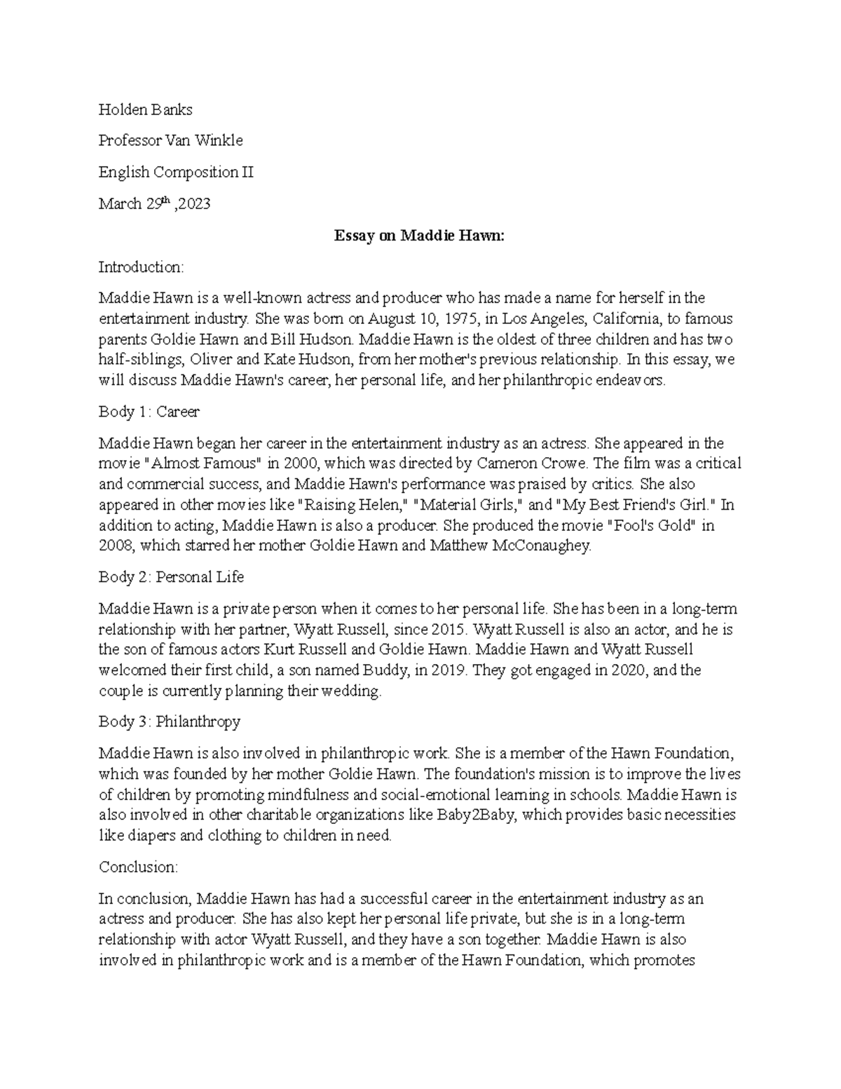 Essay on Maddie Hawn - English Comp II Overview and Insights - Studocu