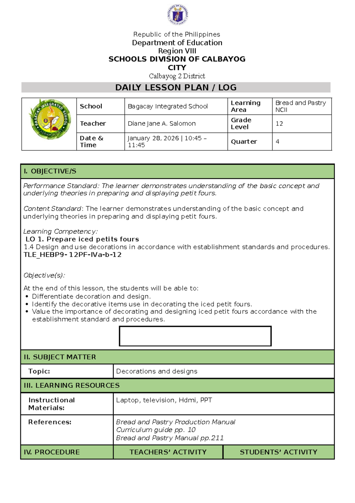 Daily Lesson Plan: Bread and Pastry NCII - Iced Petits Fours - Studocu