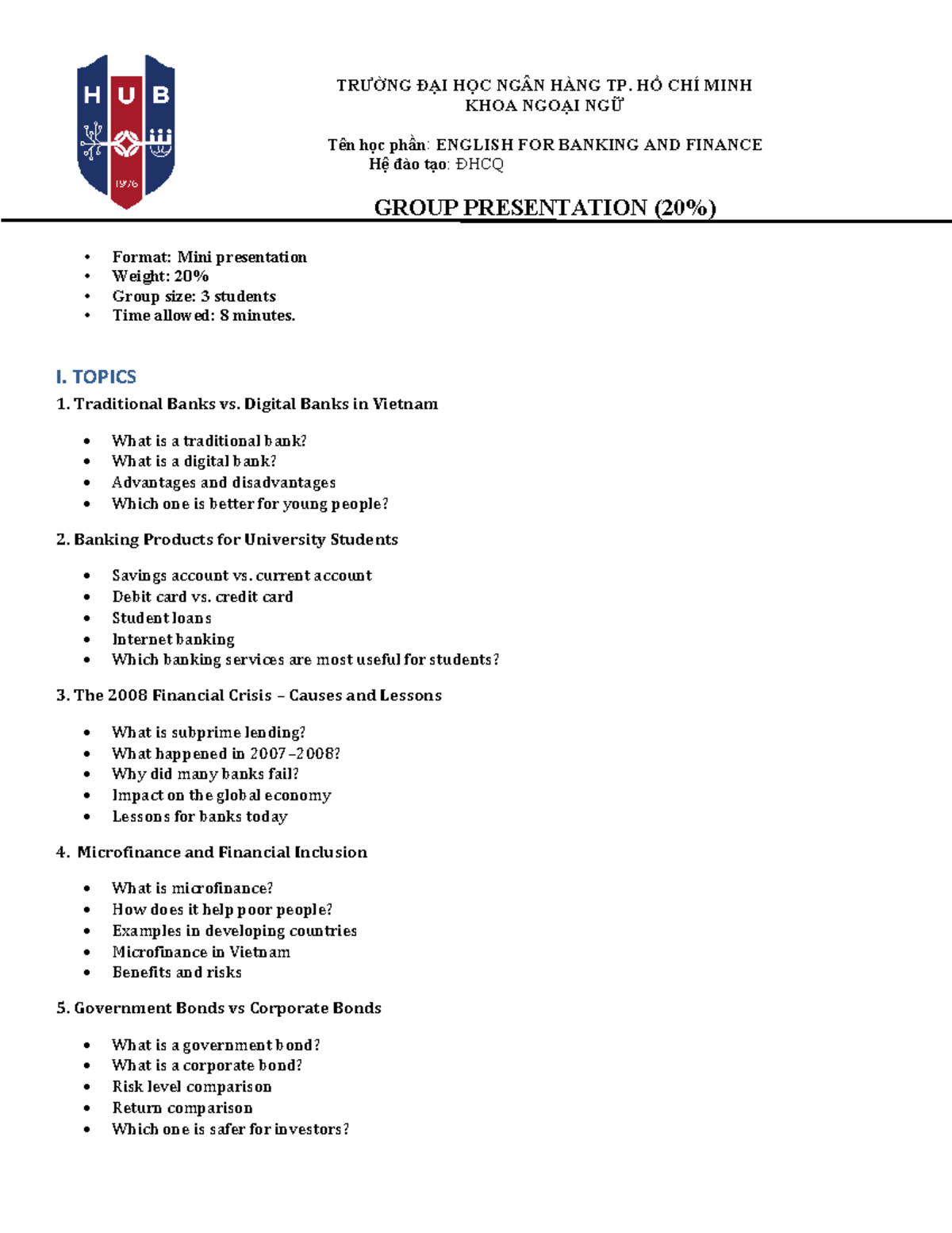 ENGLISH FOR BANKING AND FINANCE: Group Presentation Topics & Guidelines ...