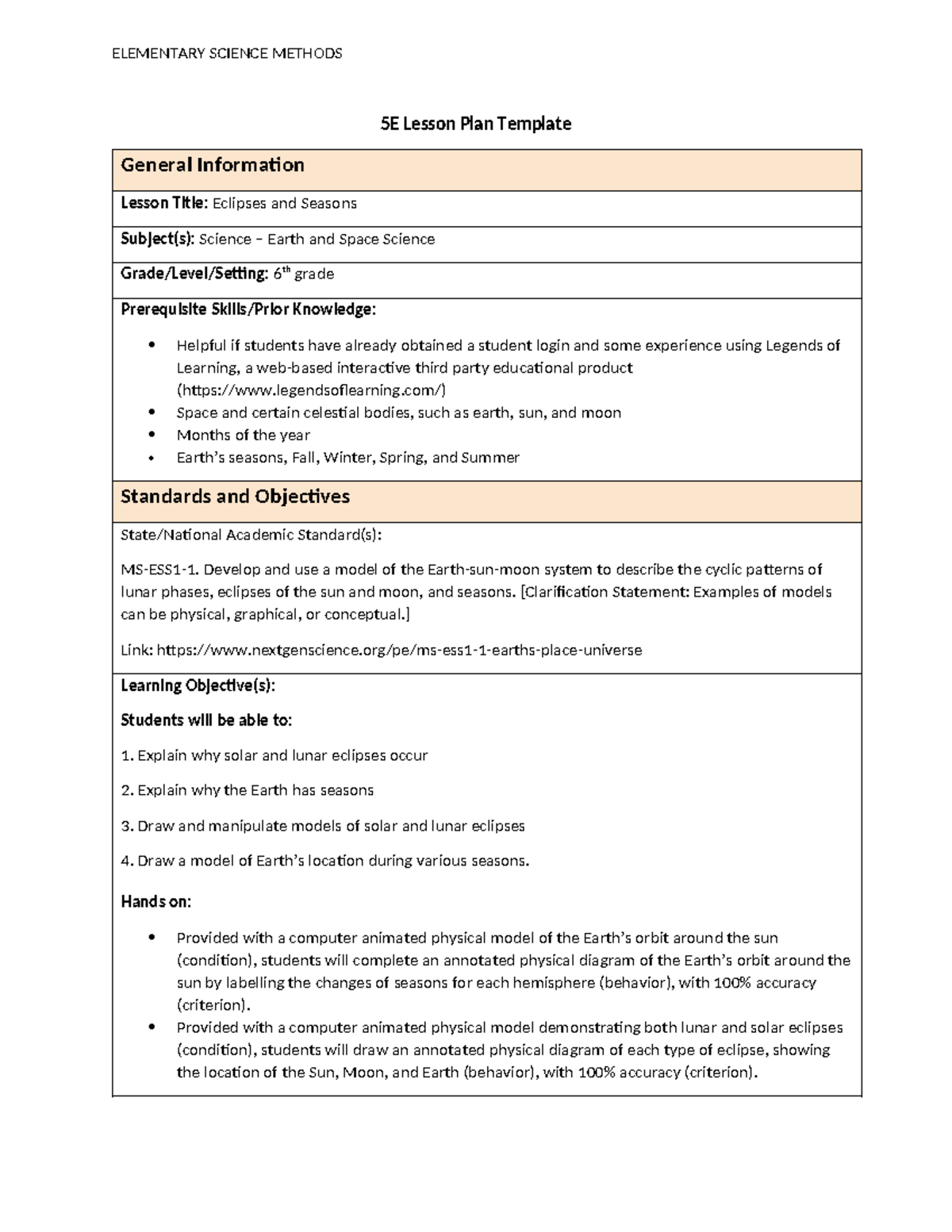 Task 1 Elementary Science Methods - 5E Lesson Plan Template General ...