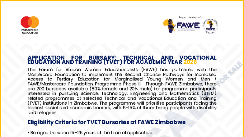 FAWE Zimbabwe TVET Bursary Application Form for 2026 - Studocu