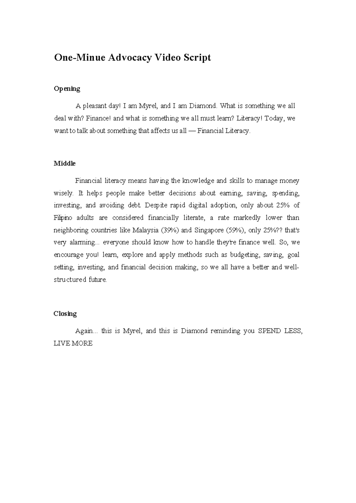 One Minute Advocacy Video Script on Financial Literacy - Studocu