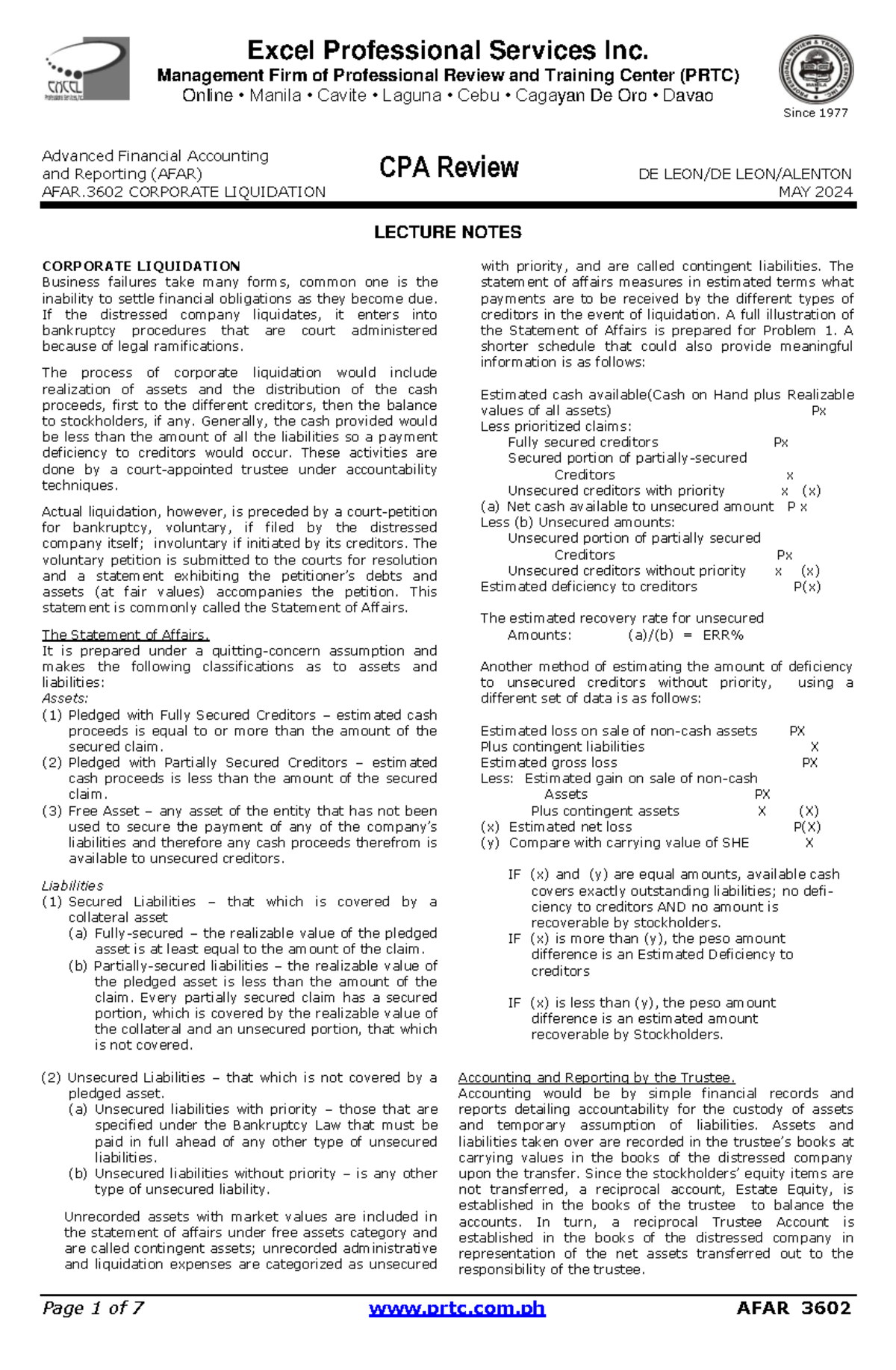 Afar 3602 Lecture Notes On Corporate Liquidation Processes Studocu