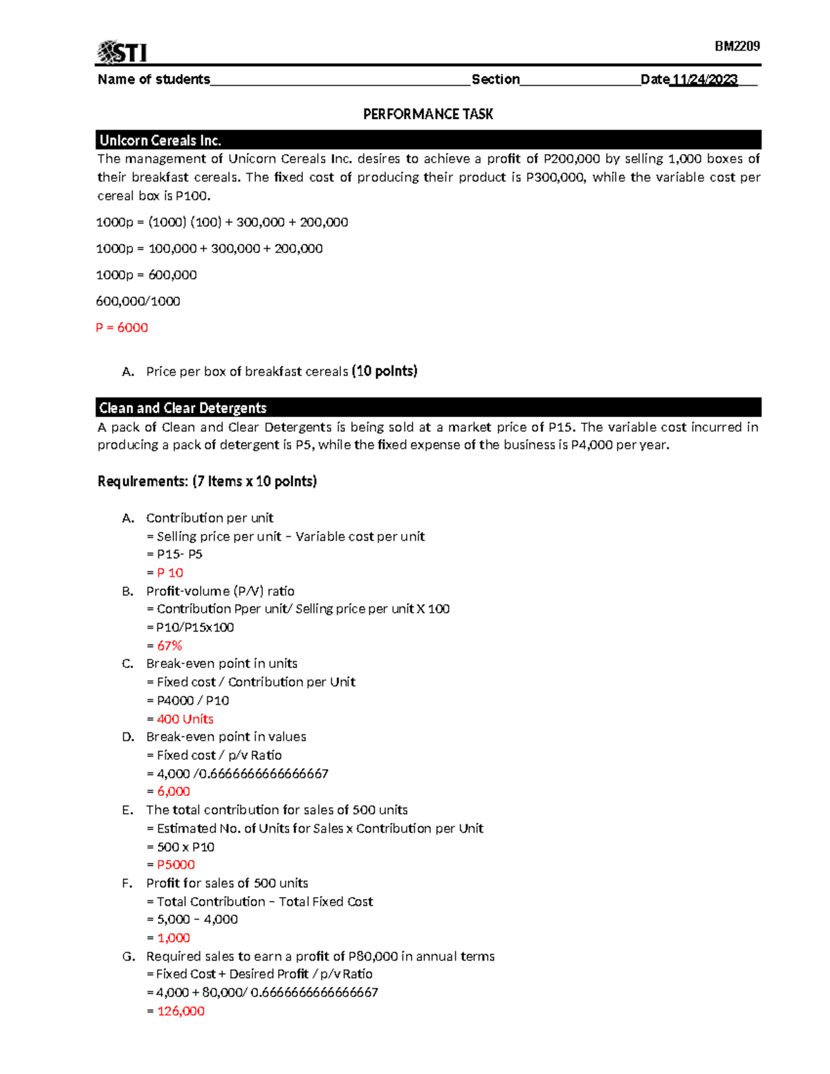 Performance Task 1: Profit Analysis for Unicorn Cereals and Detergents ...