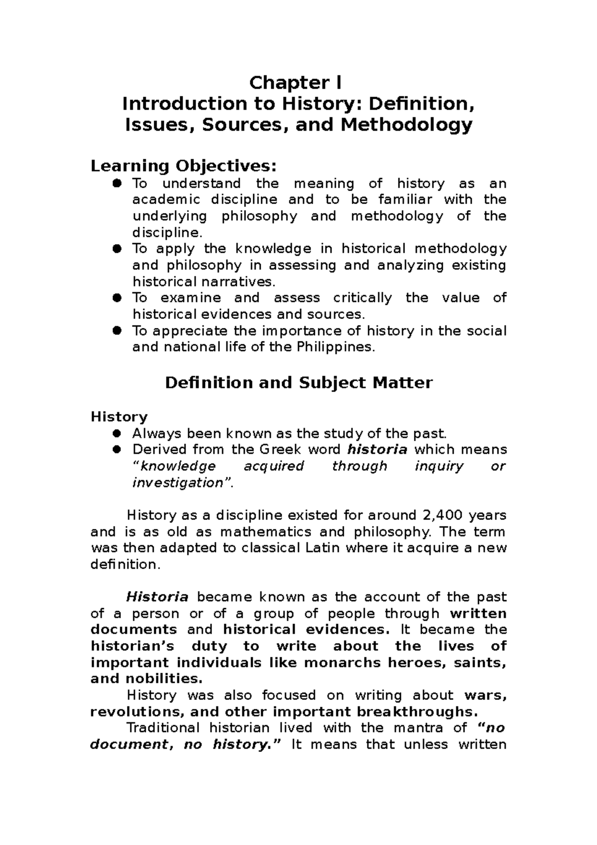 Chapter l Introduction - Chapter l Introduction to History: Definition ...