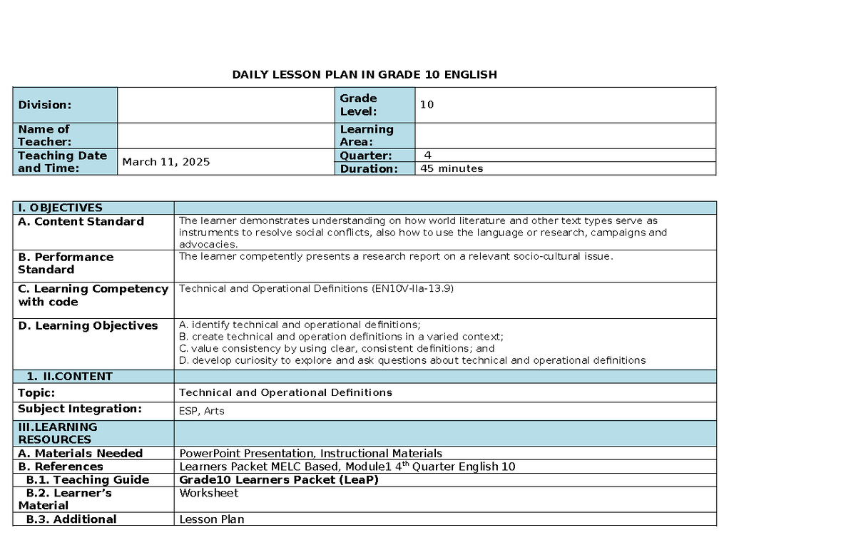 Grade 10 English Daily Lesson Plan: Technical & Operational Definitions ...