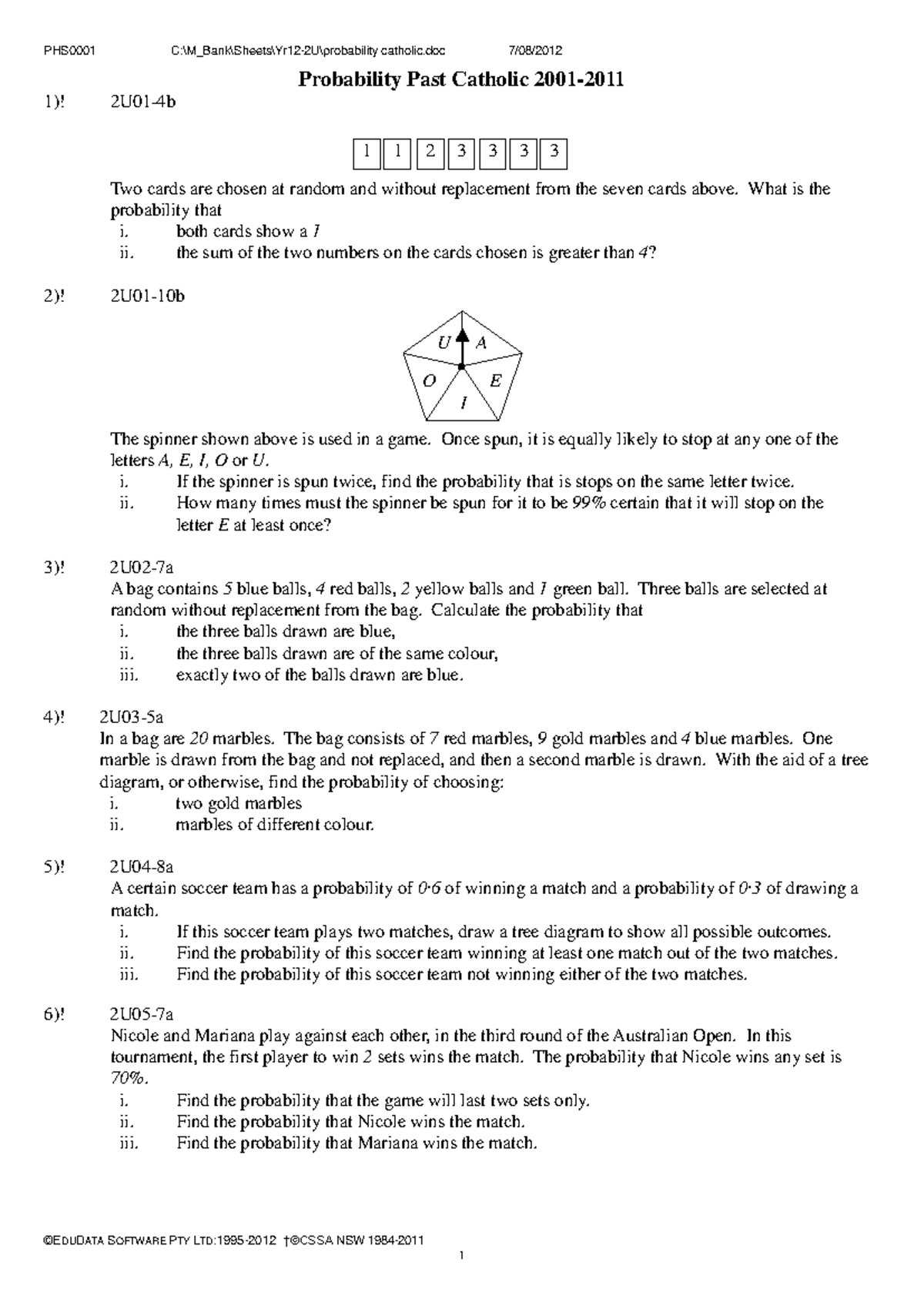 Probability Past Exam Questions - Catholic 2001-2011 - Studocu