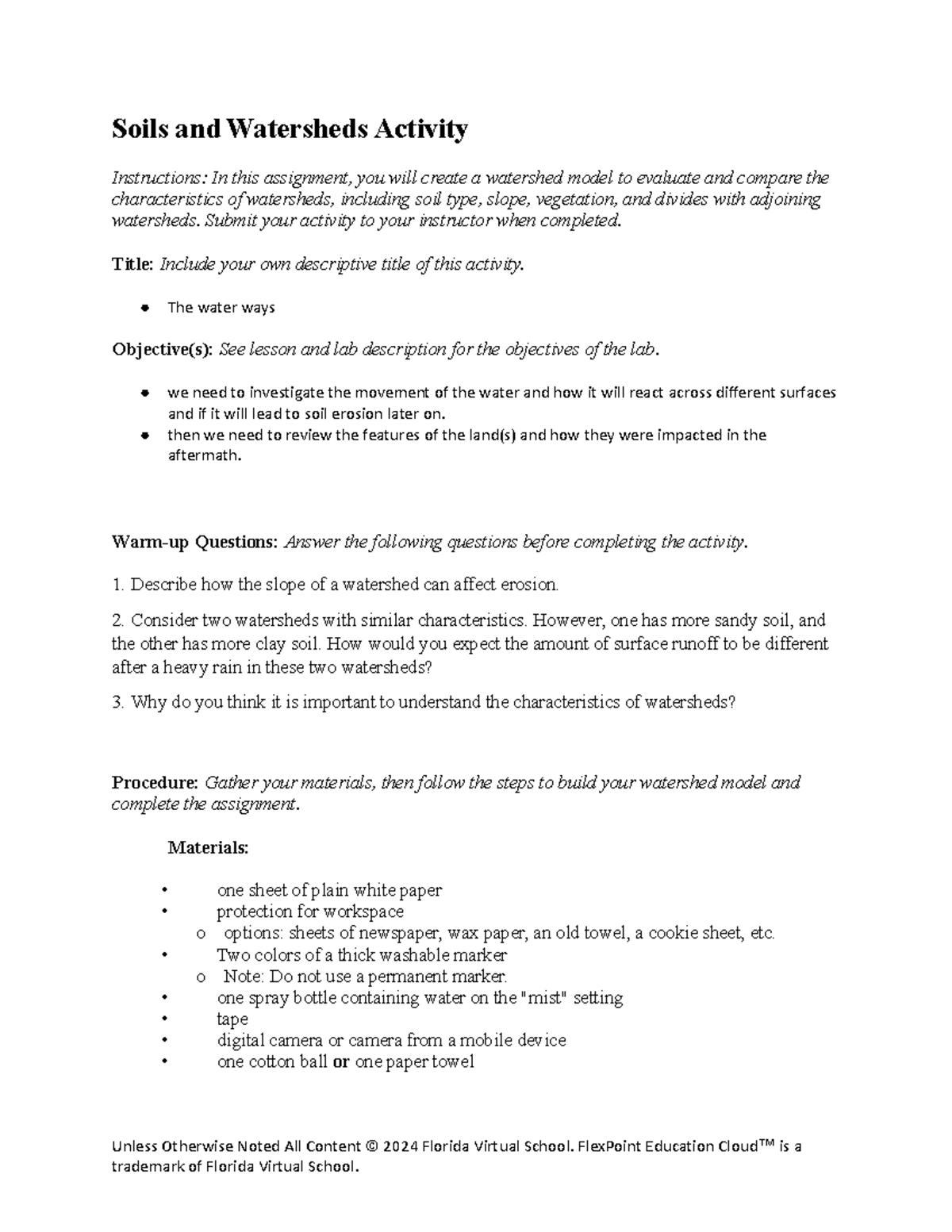 Watershed Model Activity: Soil Erosion & Water Movement Analysis (3.02 ...