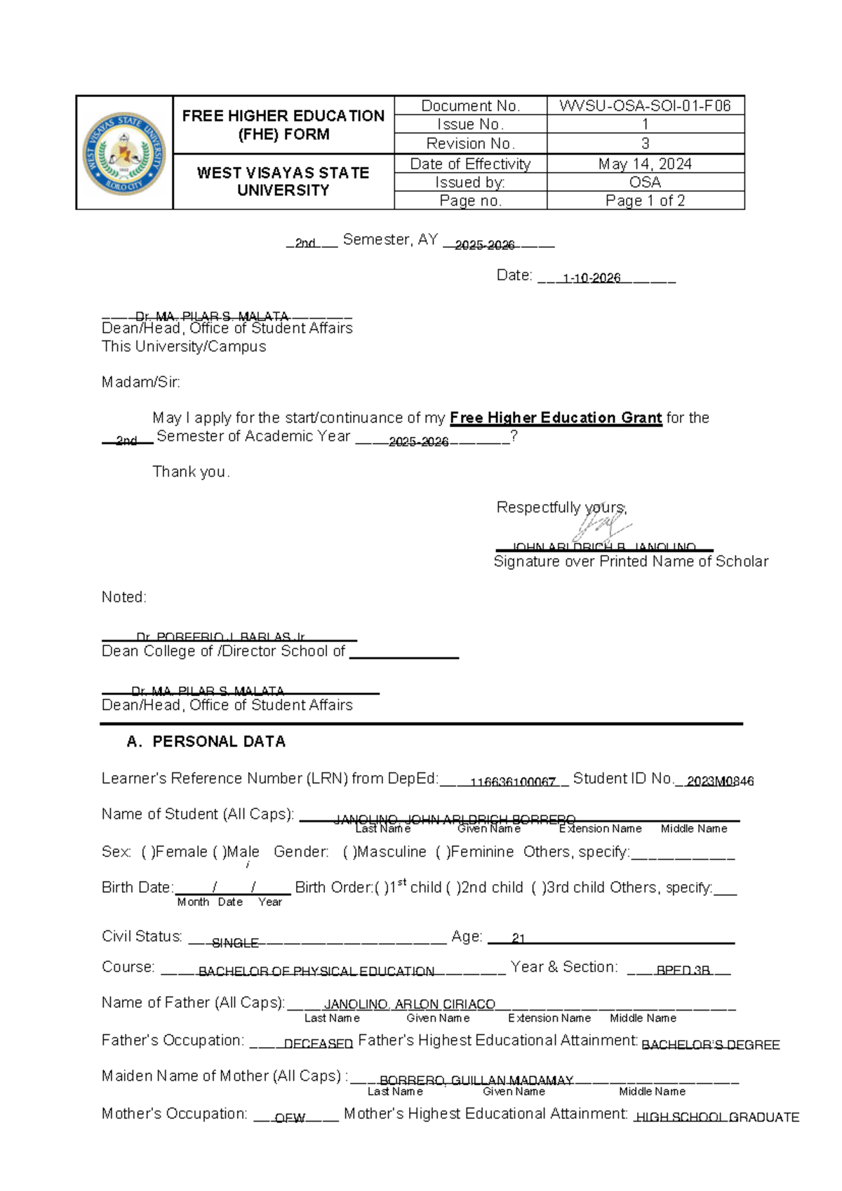 FHE Application Form for AY 2nd Semester - BPED 3B - Studocu