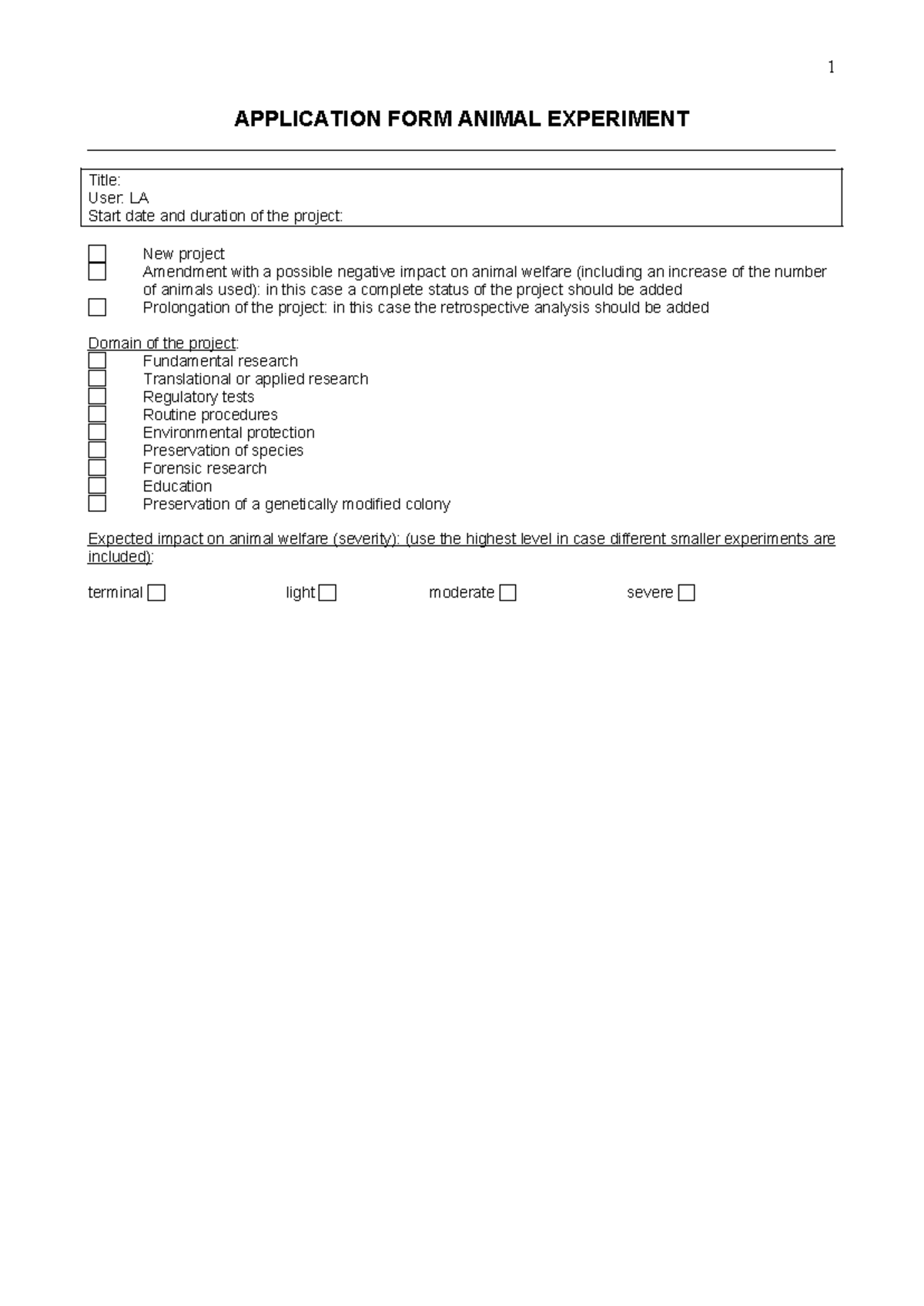 Application Form for Animal Experiment (AE-001) - Studeersnel
