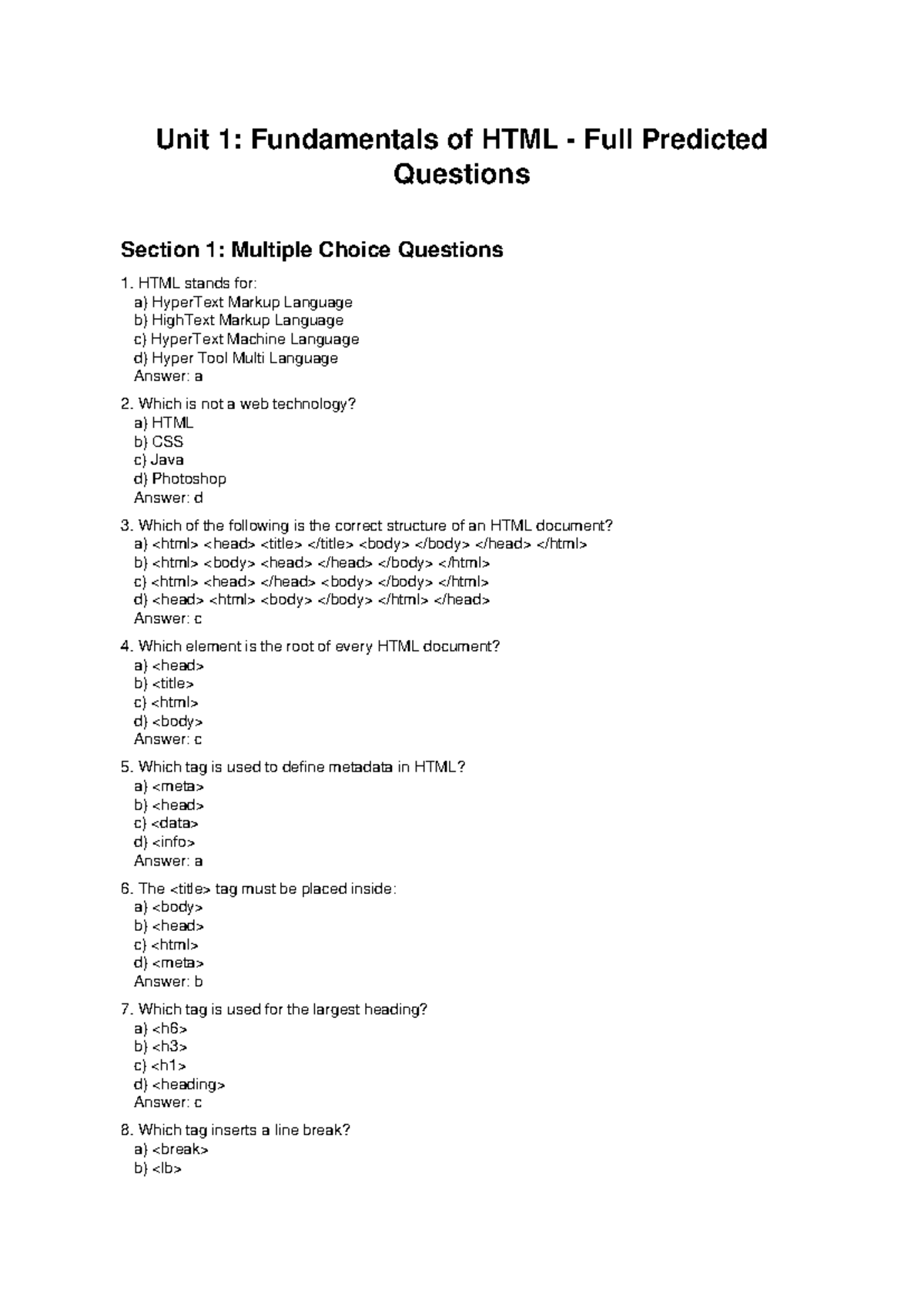 HTML Unit 1: Full Predicted MCQ Questions and Answers - Studocu