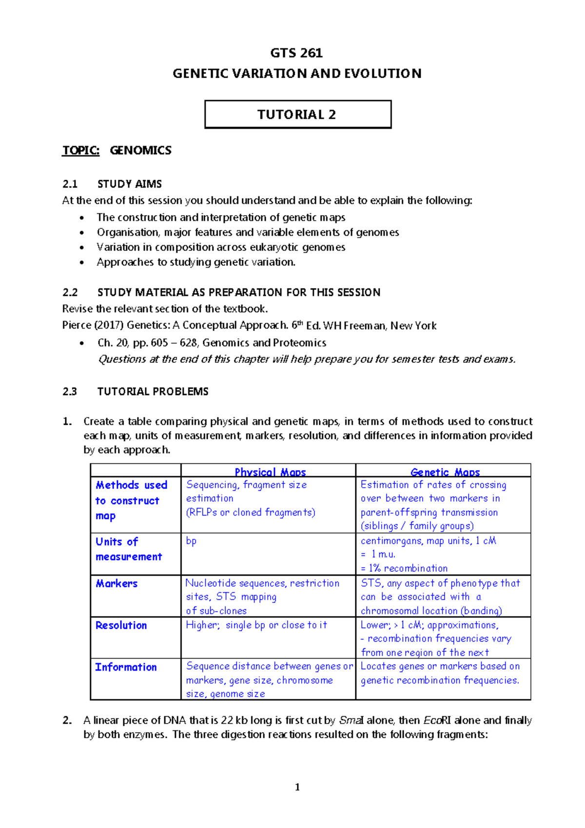 Tut 2 Genomics 2020 Memo - GTS 261 GENETIC VARIATION AND EVOLUTION ...