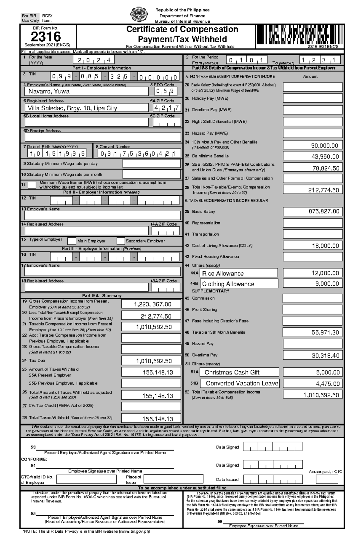 BIR Form 2316 - Certificate of Compensation Payment & Tax Withheld ...
