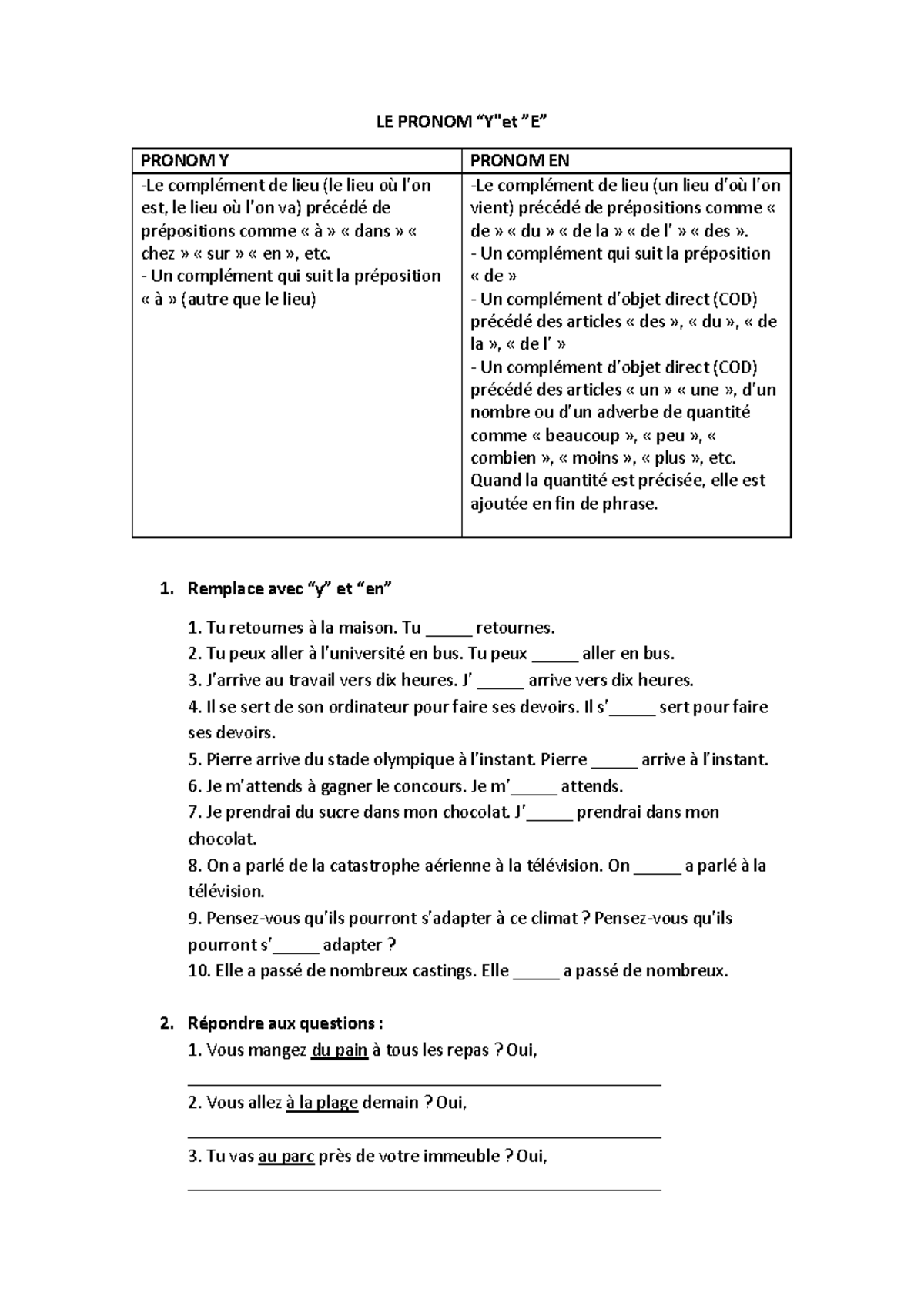 Pronoms Y et EN - Exercices de Pratique de Français (Cours: LE PRONOM ...