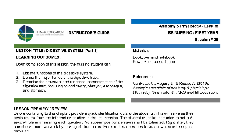 Anatomy & Physiology Lecture Guide BS Nursing 1st Year: Digestive ...