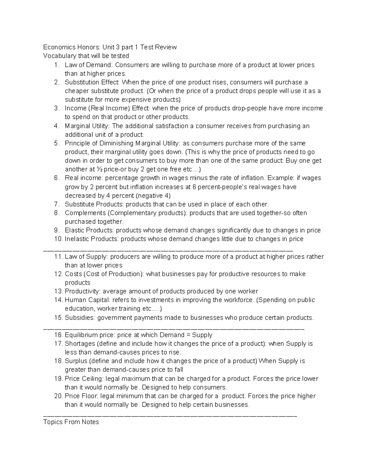 Economics Honors: Unit 3 Part 1 Test Review Vocabulary Guide - Studocu