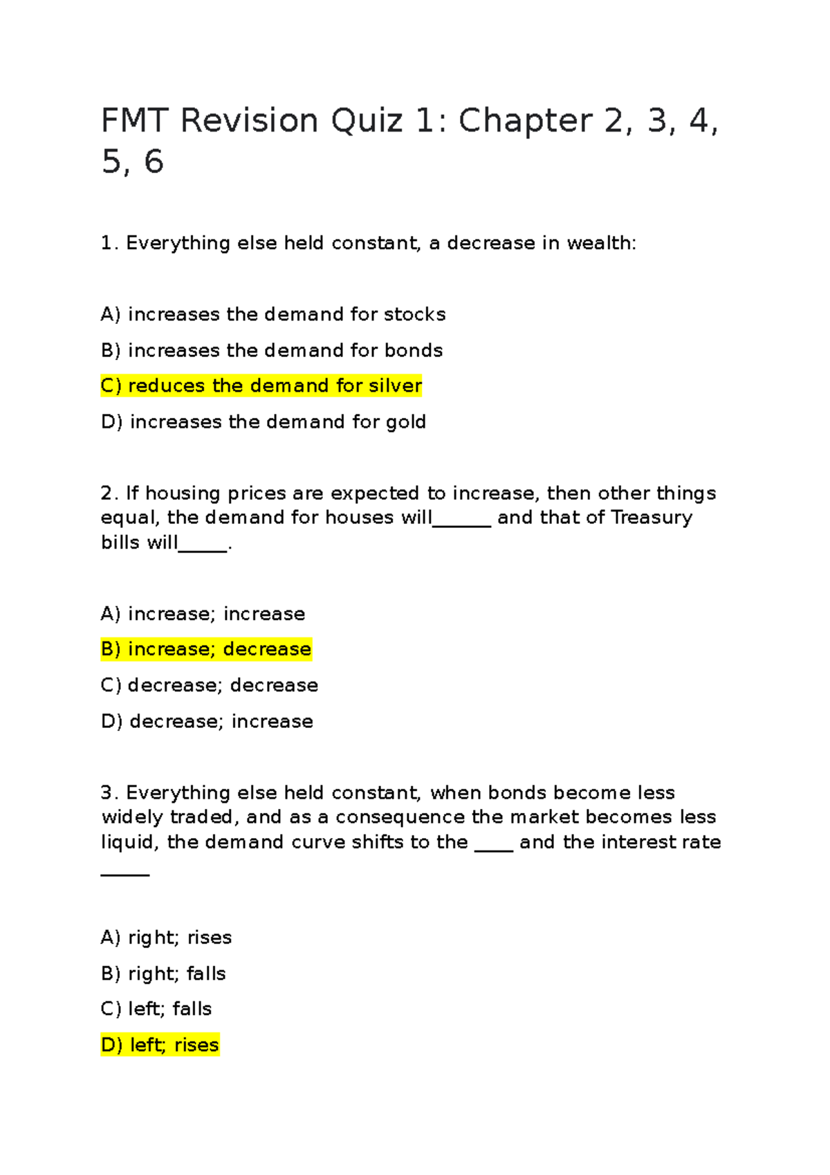 Quiz FMT chap 2 3 4 5 6 - Key - Finance Management - Studocu