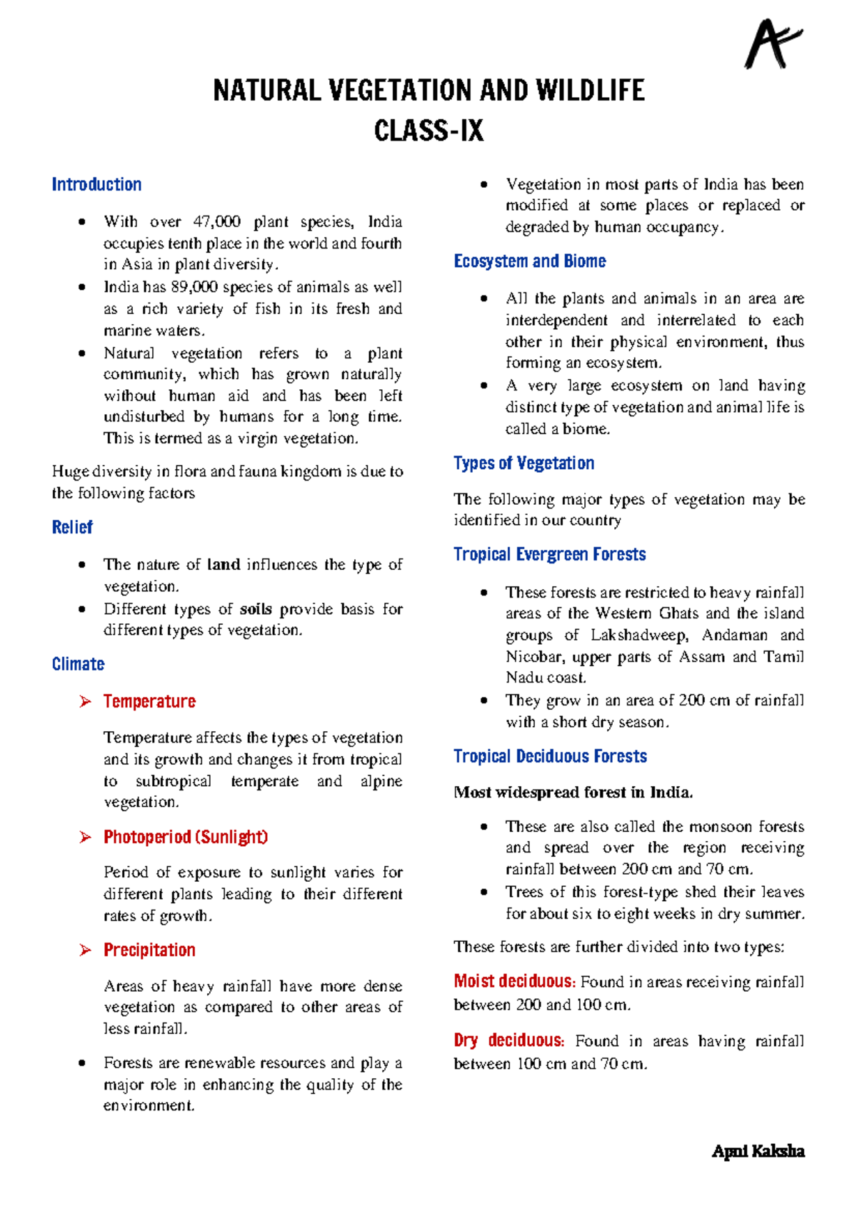 Class IX Natural Vegetation & Wildlife Study Notes - Studocu