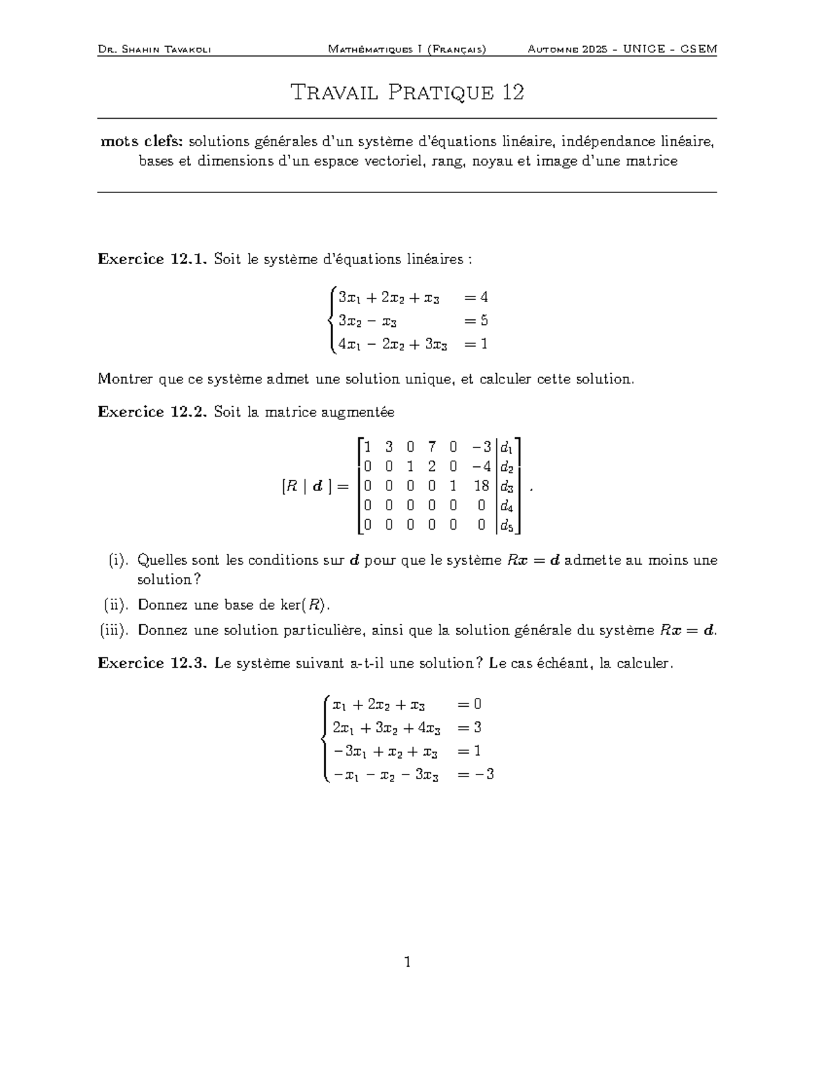 Mathématiques I (Français) TP12: Systèmes Linéaires et Rang - Studocu