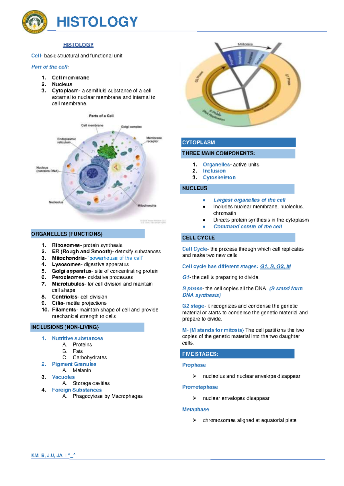 HISTOLOGY L1: Cell Structure and Function Notes - Studocu