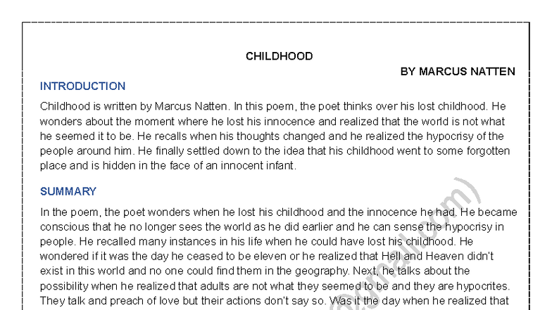 Childhood - it is the nottes - CHILDHOOD BY MARCUS NATTEN INTRODUCTION ...