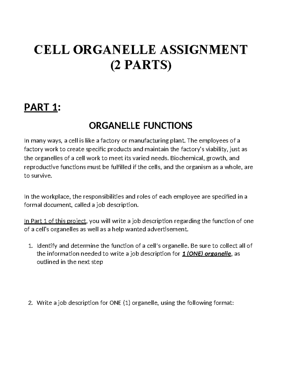 CELL ORGANELLE ASSIGNMENT (BIO101) - PART 1: FUNCTIONS & JOB ...