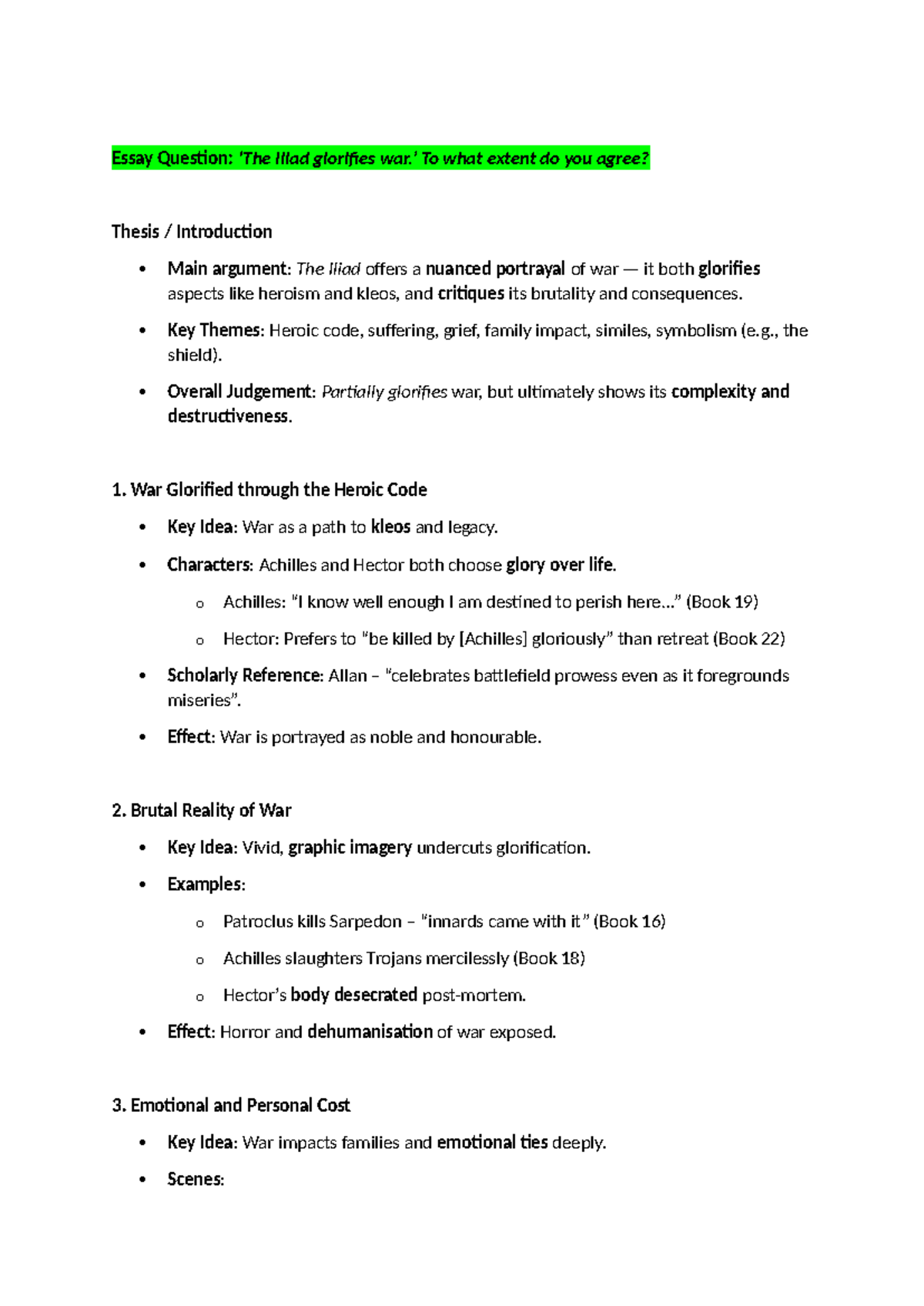 Essay Plan: Glorification and Critique of War in Iliad (A*) - Studocu