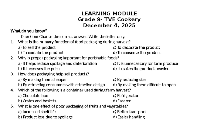 Grade 9 Cookery Module: Food Packaging & Safety Insights - Studocu